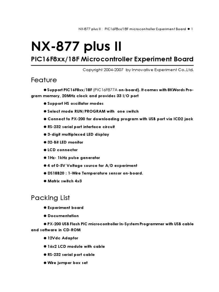 nx-877 Pic16f887 Experiment Board PDF | Download Free PDF | Usb | Microcontroller