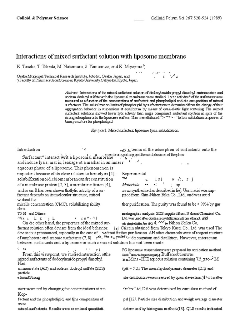 Interactions of Mixed Surfactant Solution With Liposome Membrane | PDF ...