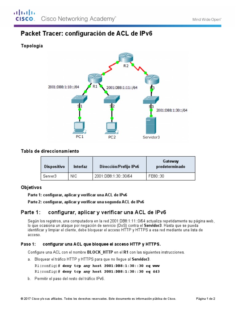 4.3.2.6 Packet Tracer - Configuring IPv6 ACLs PDF | PDF | Yo Pv6 | Red mundial
