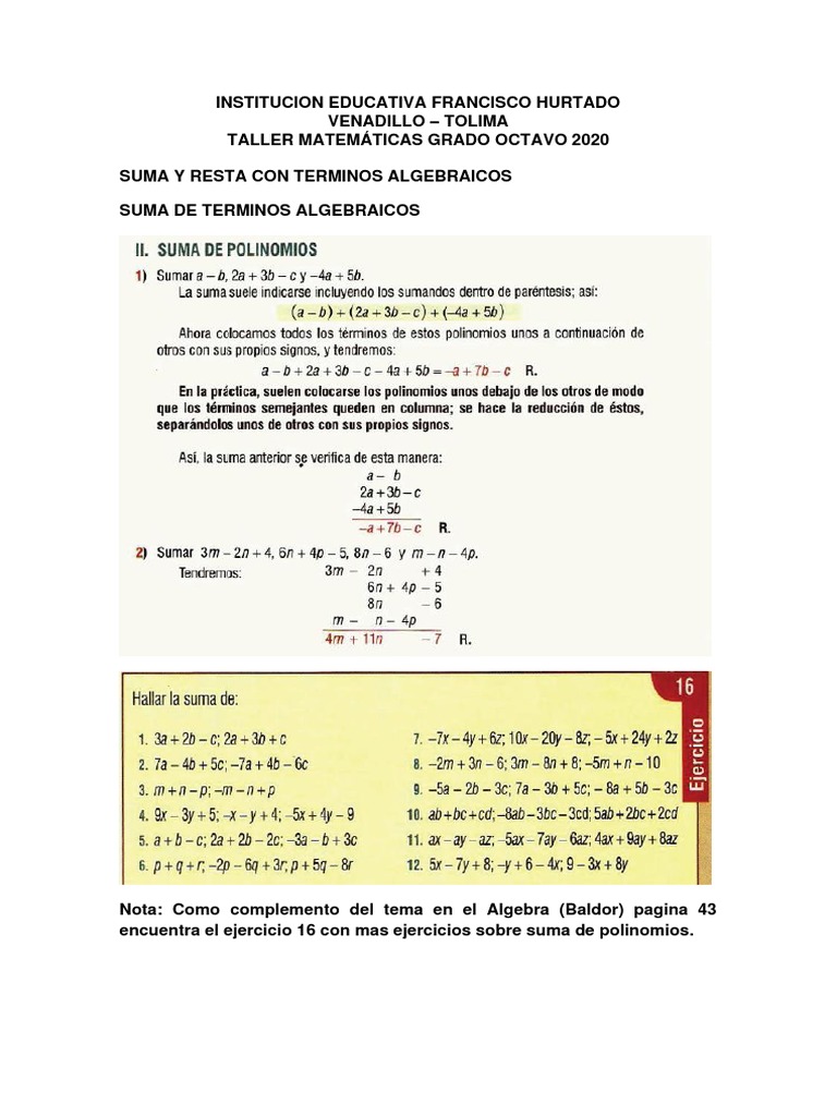 Taller Álgebra: Suma y Resta 8º Grado | PDF | Polinomio | Álgebra