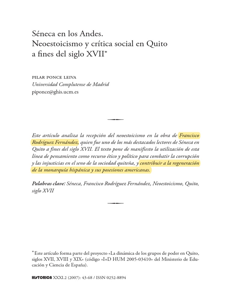 Neoestoicismo y crítica en Quito XVII | PDF | Séneca El Joven | Ecuador