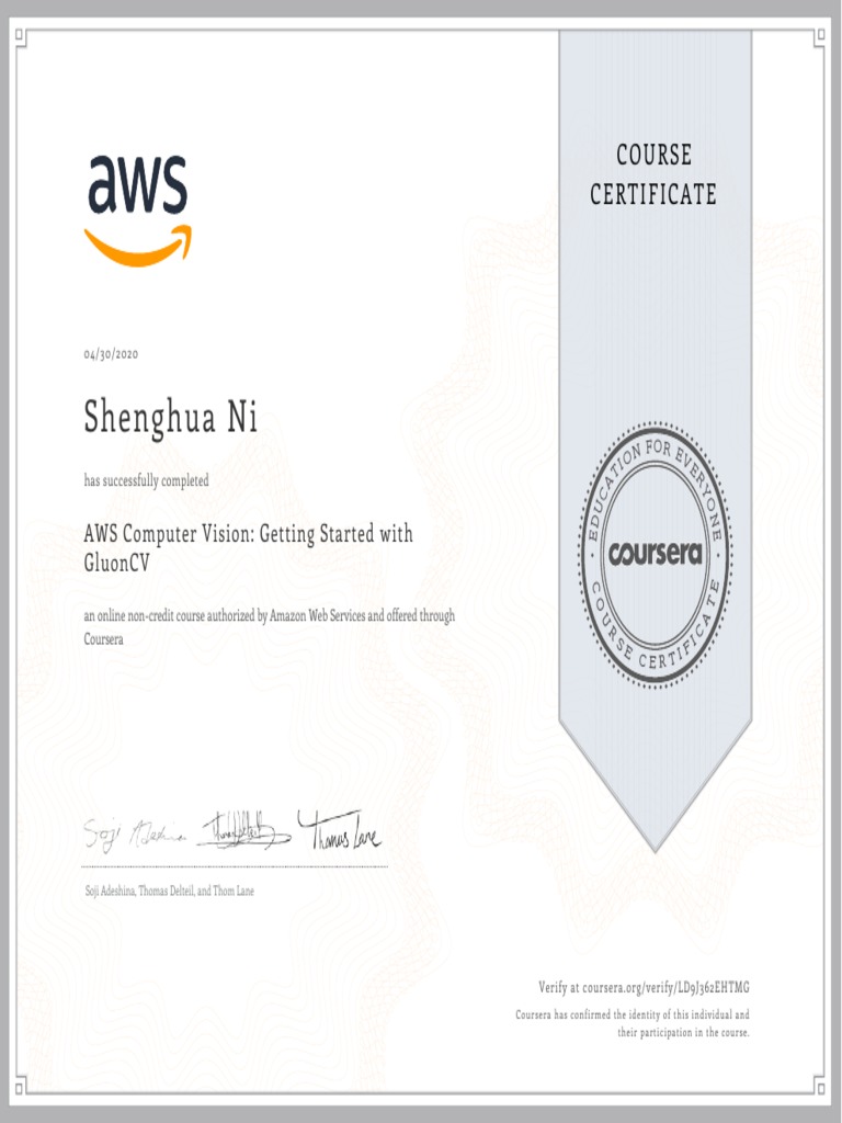 AWS Computer Vision Course Certificate | PDF | Amazon Web Services ...