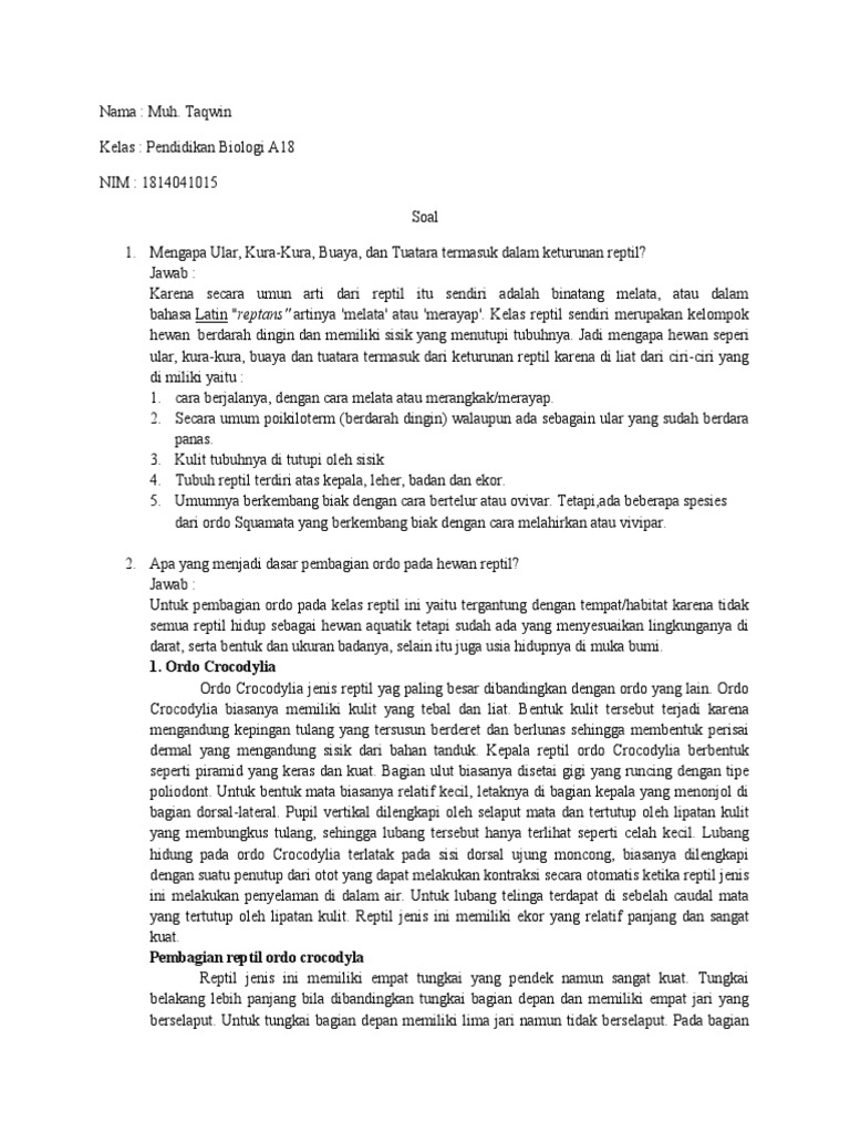 Jawaban Soal Quiz Zoologi Vertebrata | PDF