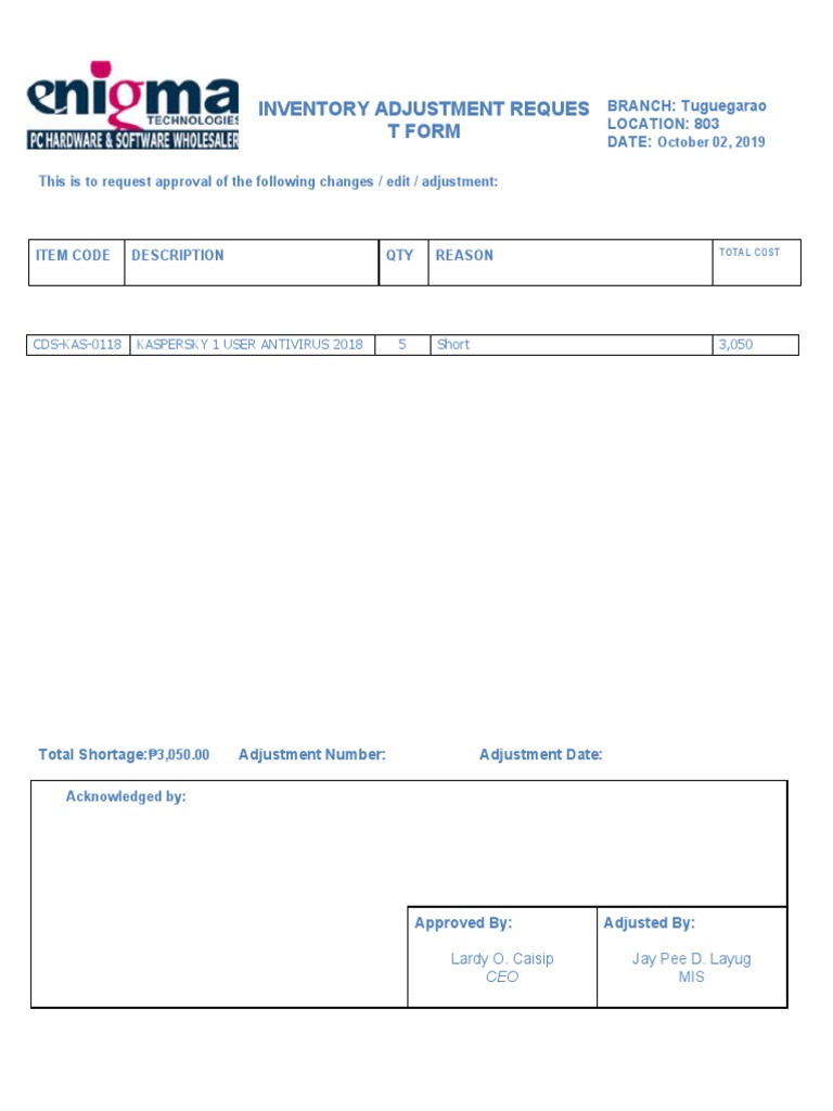 Inventory Adjustment Request Form | PDF