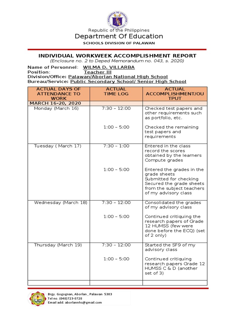 Department of Education: Individual Workweek Accomplishment Report | PDF | Behavior Modification ...