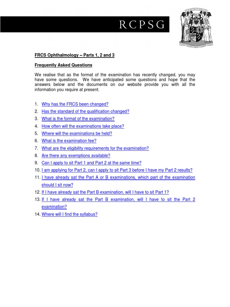 FRCS Ophthalmology - Parts 1, 2 and 3 Frequently Asked Questions | PDF ...