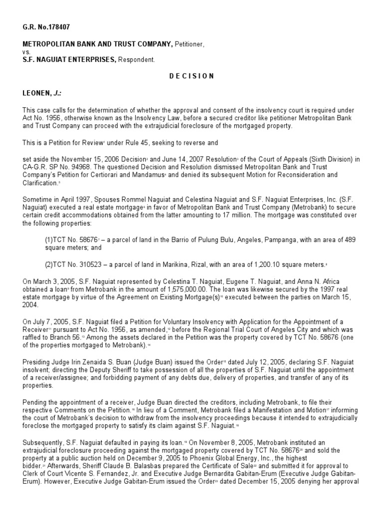 MBTC Vs SF | PDF | Foreclosure | Insolvency