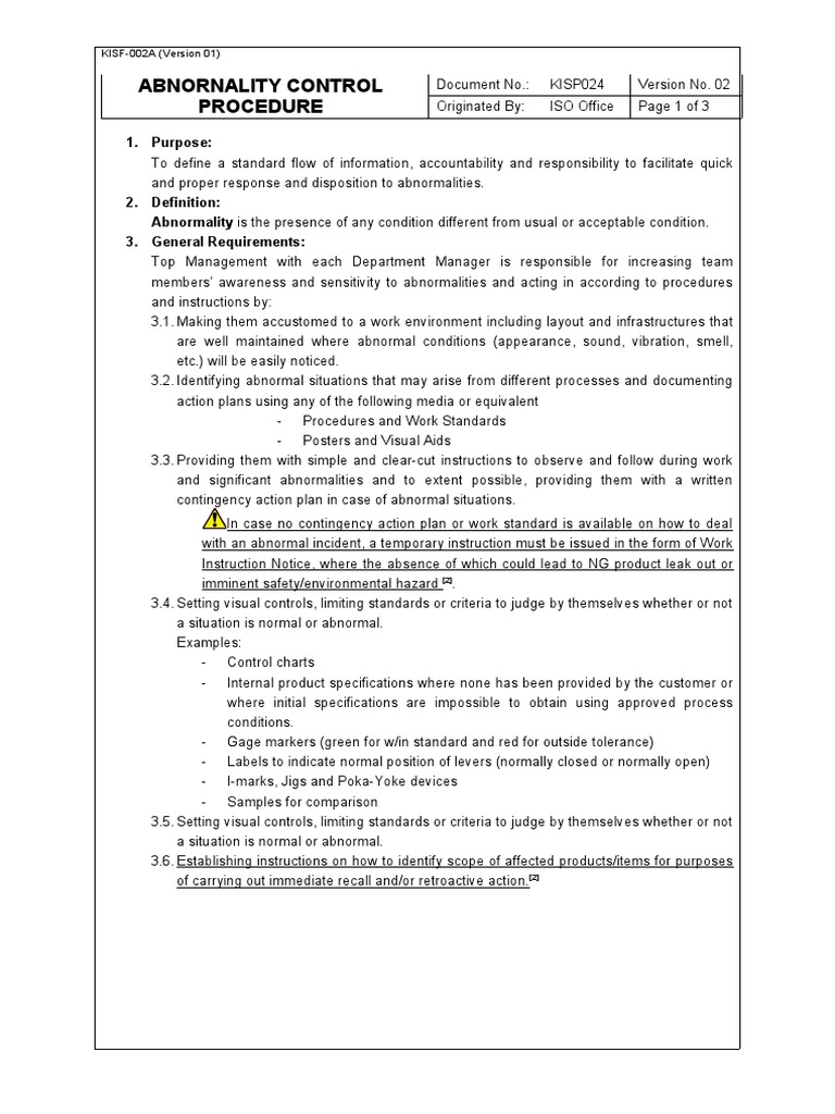 Abnornality Control Procedure: 1. Purpose | PDF | Specification ...