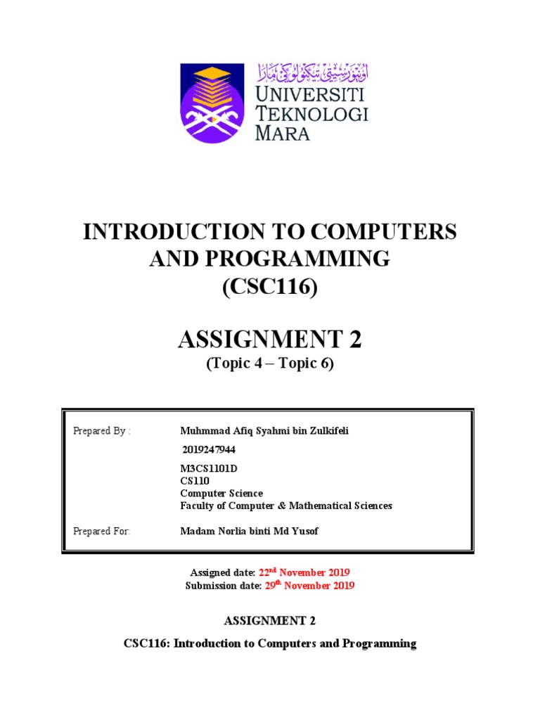 Introduction To Computers and Programming (CSC116) : Assignment 2 | PDF | Computer Programming ...