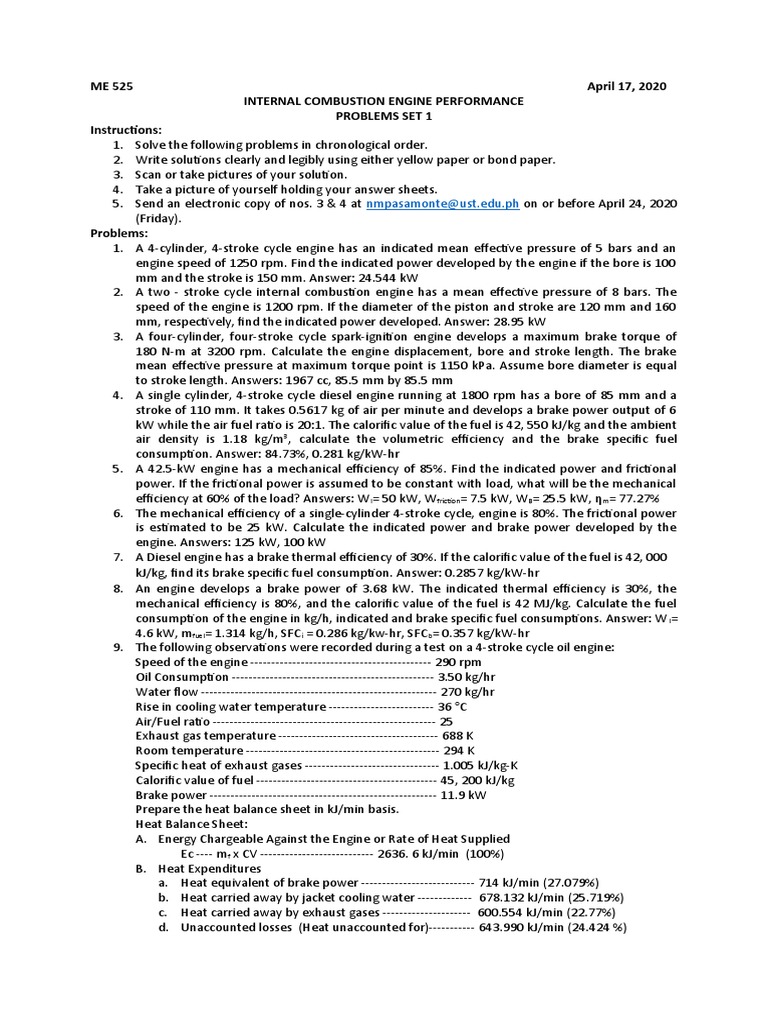 ME 525 April 17, 2020 Internal Combustion Engine Performance Problems ...