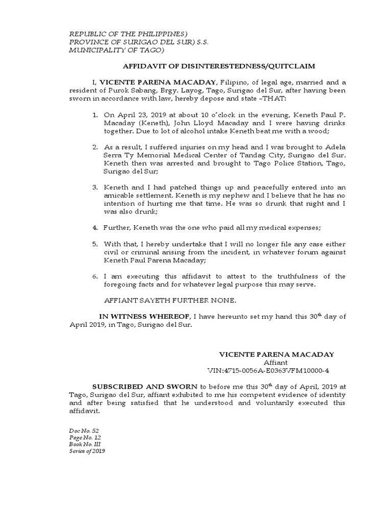 AFFIDAVIT OF DISINTERESTEDNESS - Vicente Macaday | PDF