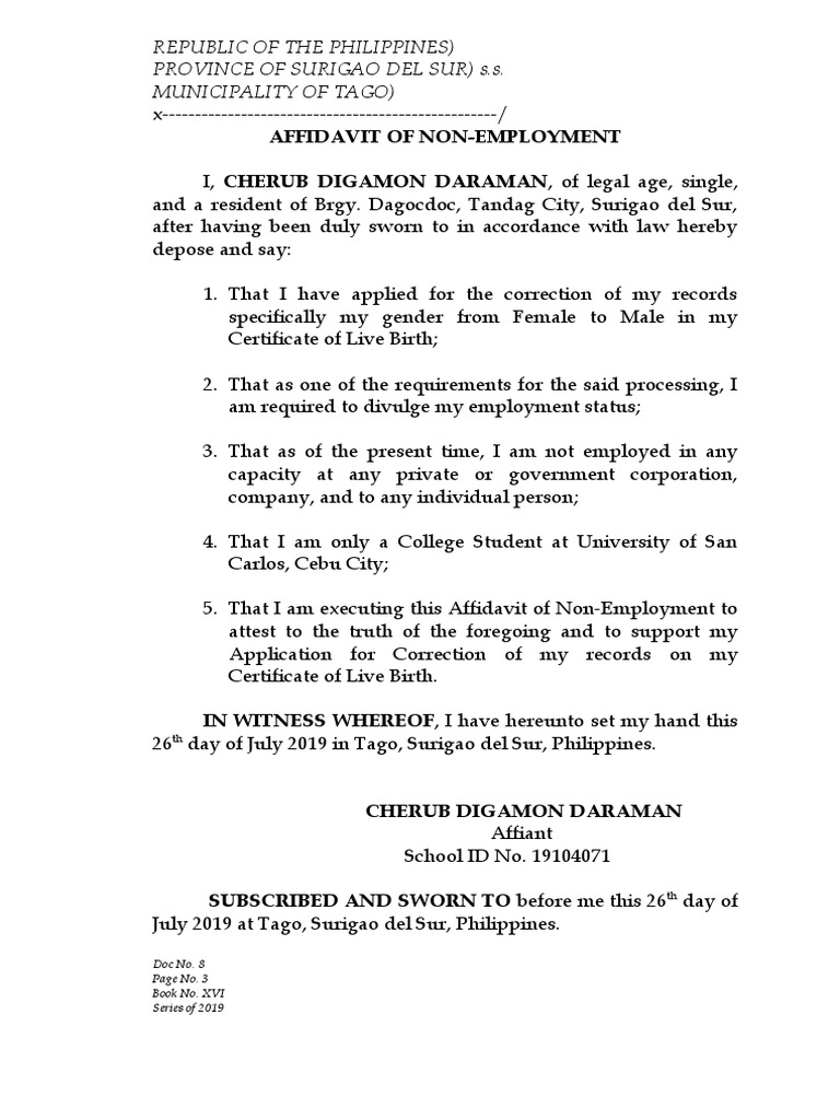 Affidavit of Non-Employment - Cherub Daraman | PDF | Social Science
