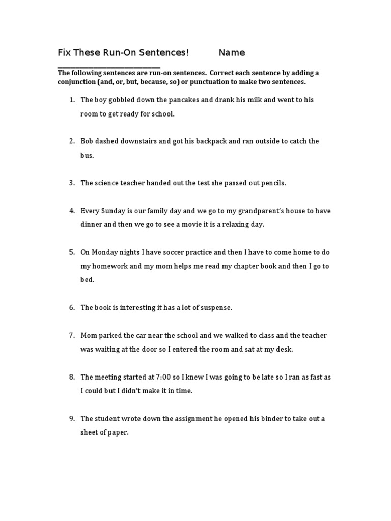 Correcting Run-On Sentences Worksheet | PDF