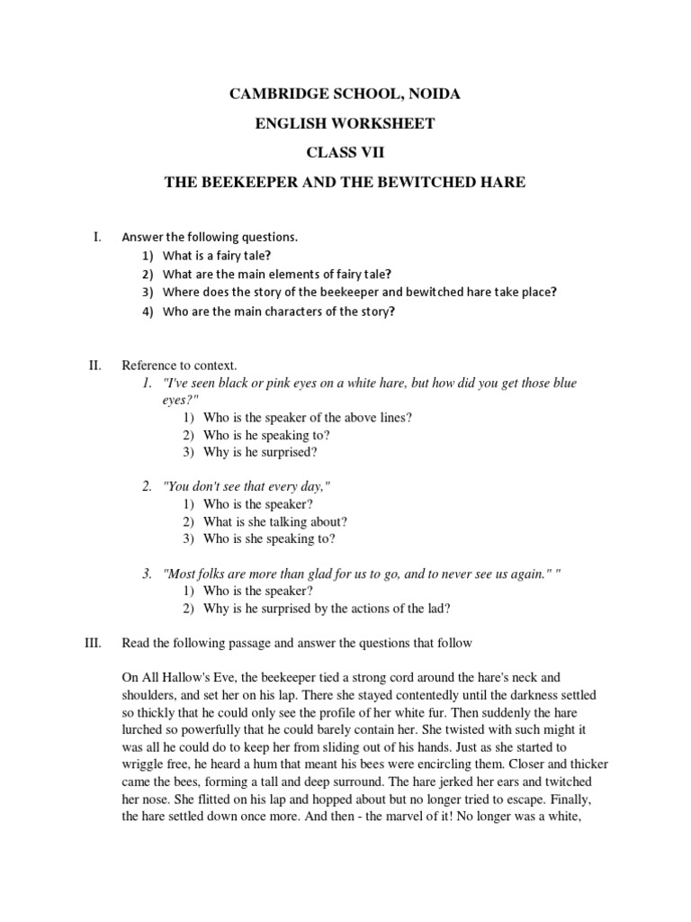 Beekeeper and Bewitched Hare Worksheet | PDF | Young Adult | General ...