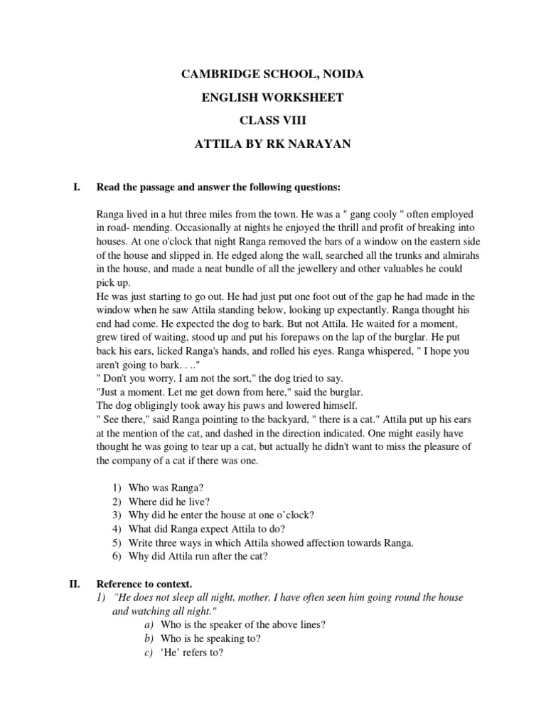 Cambridge School, Noida English Worksheet Class Viii Attila by RK ...