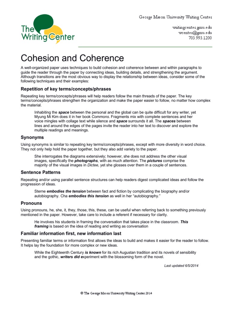 Cohesion and Coherence: Writing Center | PDF | Cognition | Cognitive ...