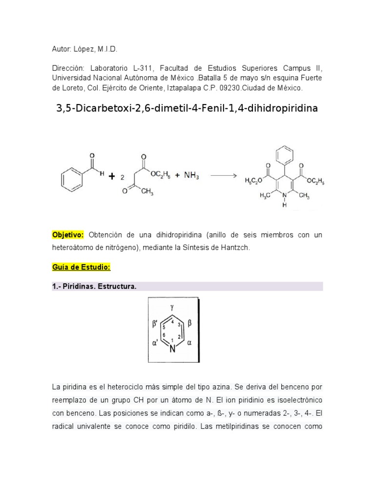 3,5 Dicarbetoxi 2,6 Dimetil 4 Fenil 1,4 Dihidropiridina | PDF | Piridina | Química Orgánica
