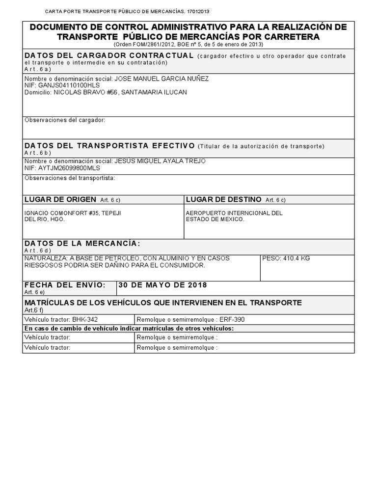Documento Control Transporte Publico Mercancías 1 | PDF