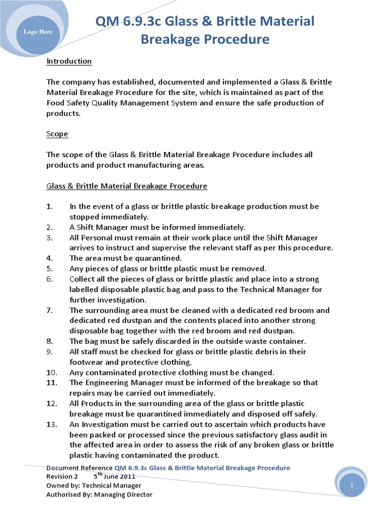 Glass & Brittle Material Breakage SOP | PDF | Plastic | Safety