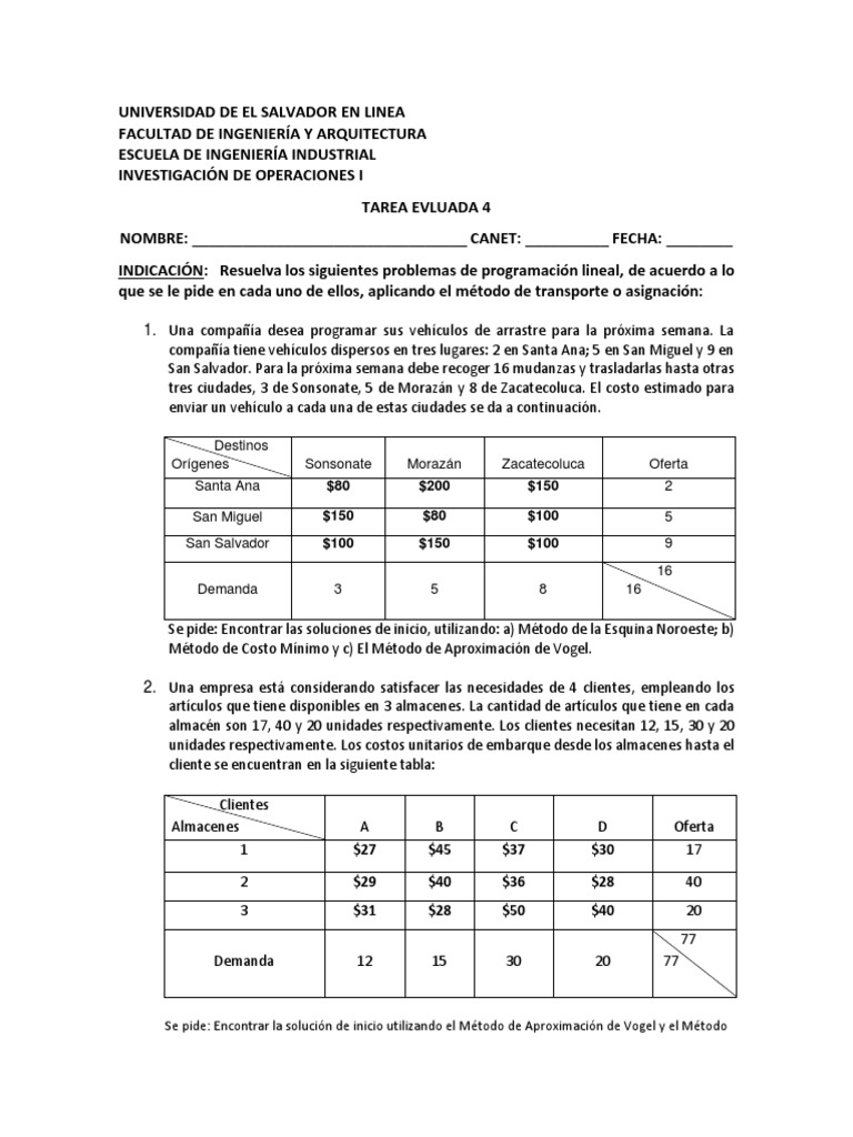 Tarea Evaluada 4 Resolución de Problemas Método de Transporte y Asignación | PDF | Fabricación e ...