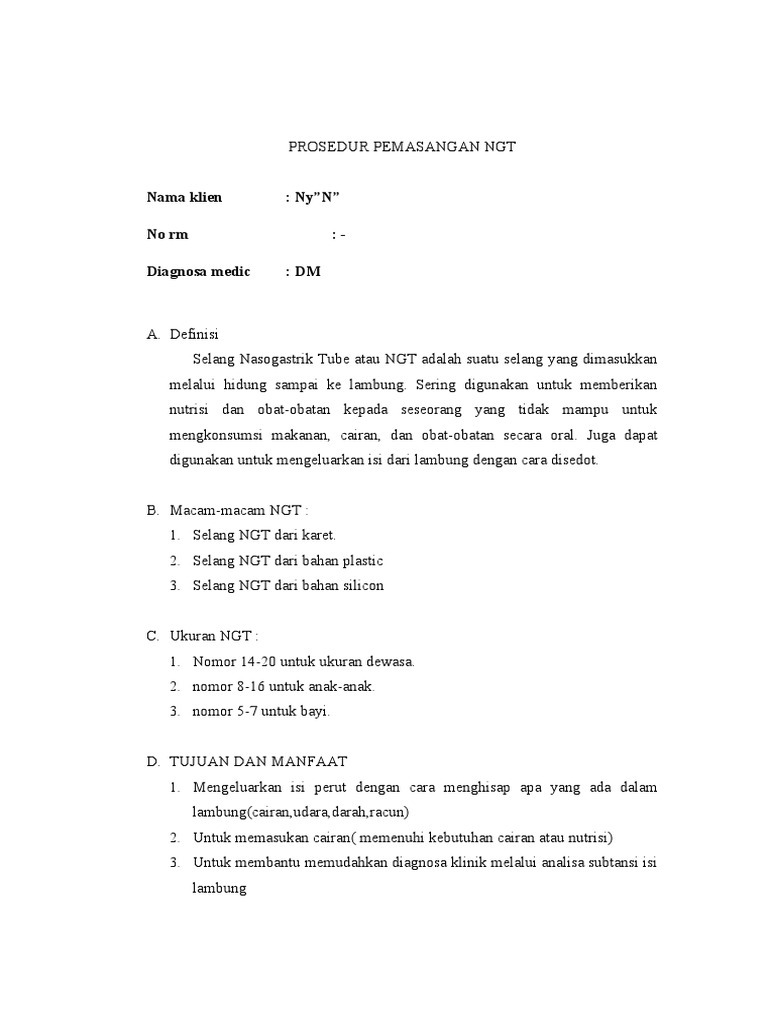 Prosedur Pemasangan Selang Nasogastrik (NGT) pada Pasien Dengan ...