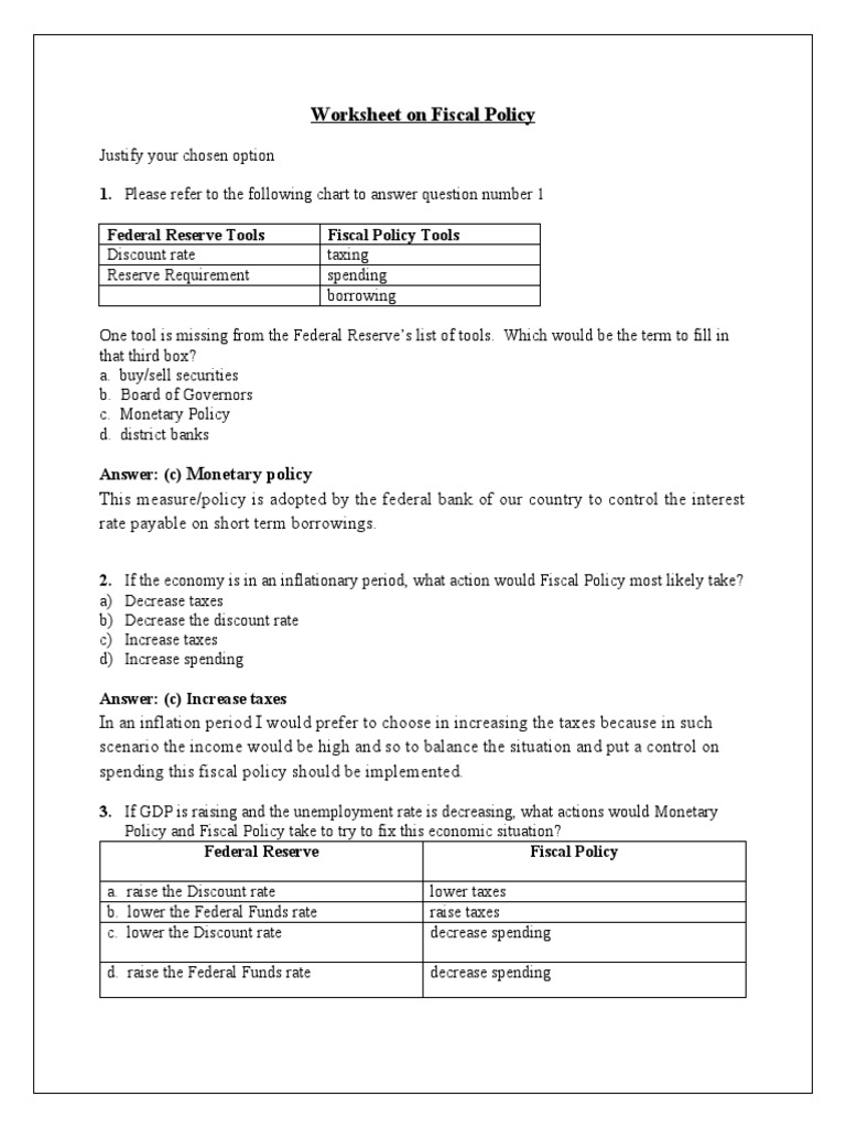 Worksheet On Fiscal Policy | PDF | Fiscal Policy | Monetary Policy