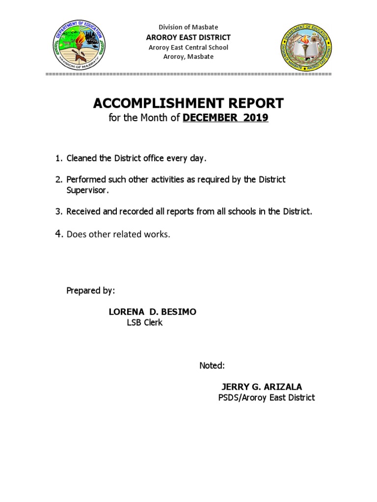 Accomplishment Report: For The Month of DECEMBER 2019 | PDF