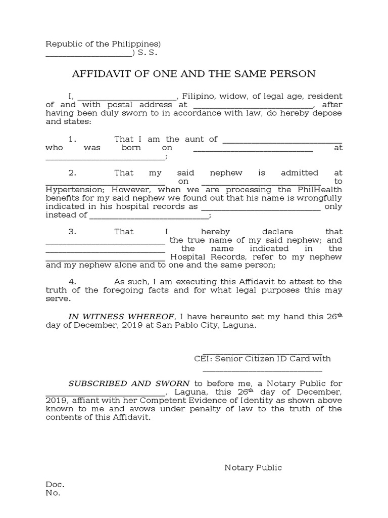 AFFIDAVIT OF THE SAME PERSON