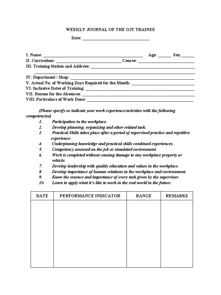 Weekly OJT Trainee Journal Template | PDF | Career & Growth | Finance ...