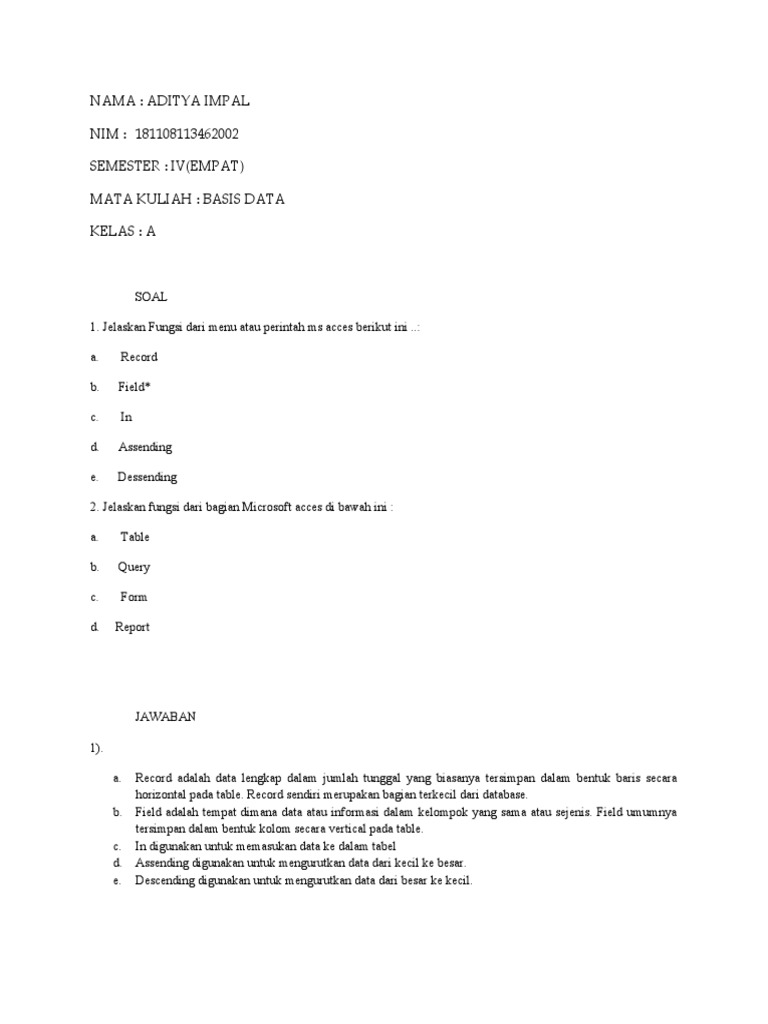 Tugas Basis Data MS - Access (Aditya Impal) | PDF | Komputer