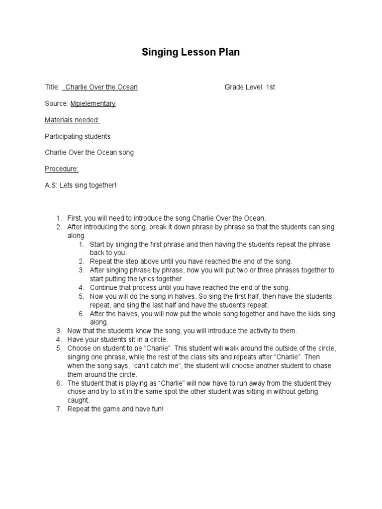 Singing Lesson Plan | PDF | Behavior Modification | Cognitive Science