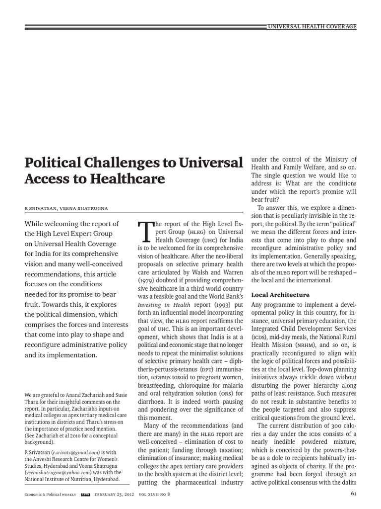 Political Challenges To Universal Access To Healthcare: India, December ...