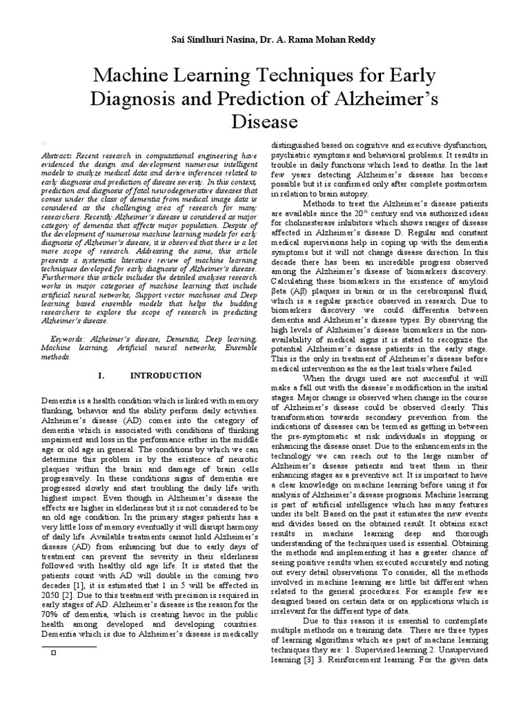 Machine Learning Techniques For Early Diagnosis and Prediction of Alzheimer's Disease | PDF ...