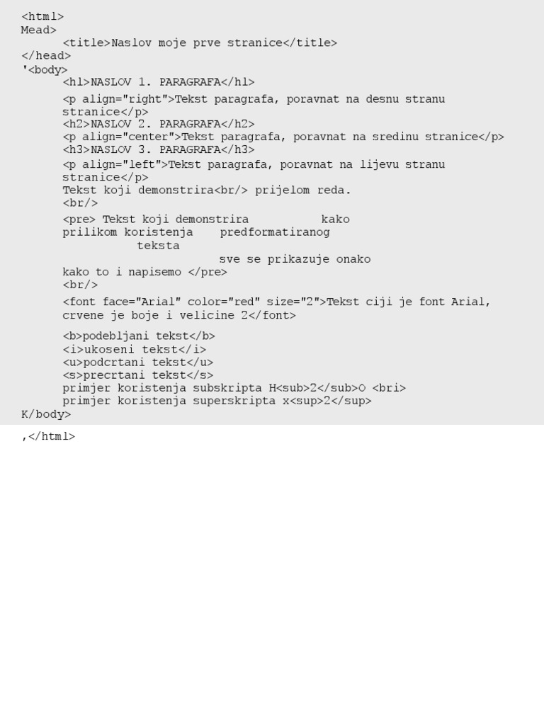 Primjeri Nacina Uredjivanja Teksta HTML