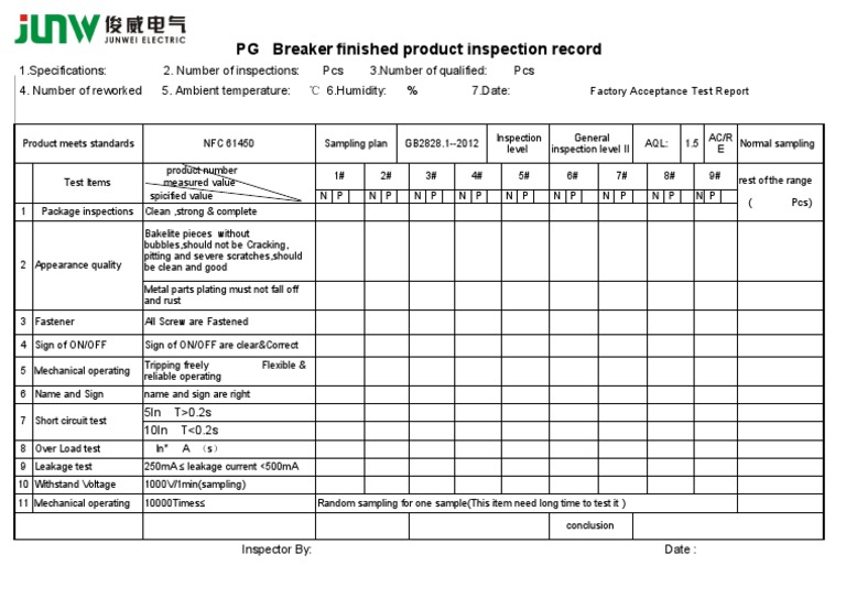 PG Breaker Finished Product Inspection Record | PDF | Electrical ...