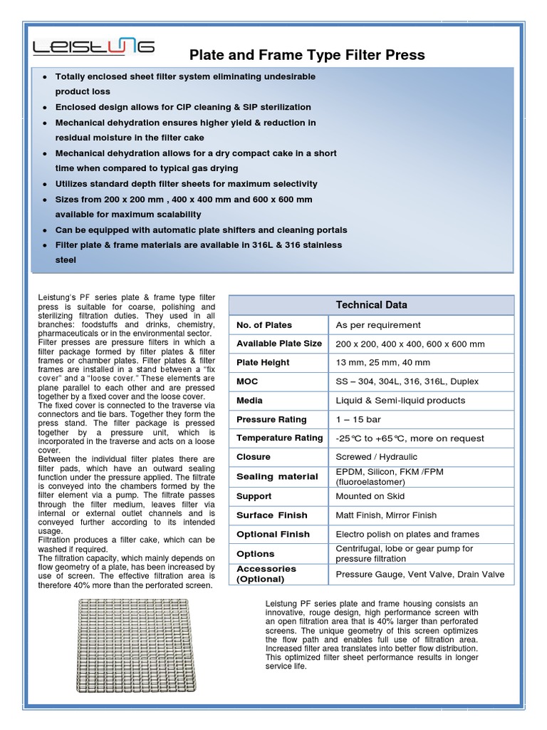 Plate and Frame Filter Press Specifications | PDF | Filtration | Pump