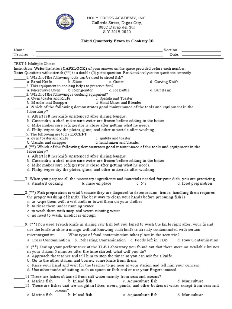 Cookery 10 3rd Quarterly Examination | PDF | Seafood | Aquaculture