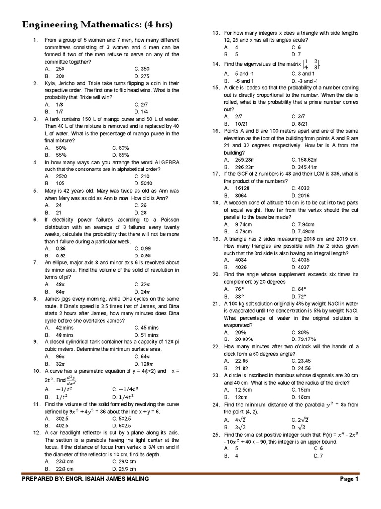 Engineering Mathematics Board Exam Review | PDF | Triangle | Area