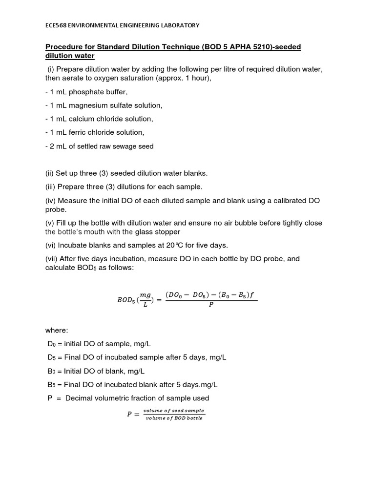 Procedure For Standard Dilution Technique (BOD 5 APHA 5210) - Seeded Dilution Water | PDF