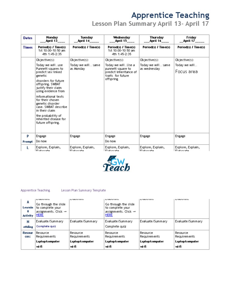 April 13 - April 17 At-Lesson-Plan-Summary-Template 1 | PDF | Genetics ...