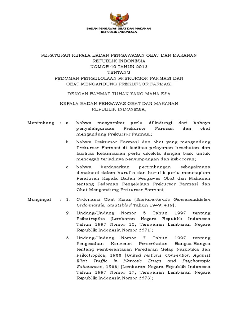 PerKBPOM No 40 Tahun 2013 Tentang Pedoman Pengelolaan Prekursor PDF | PDF