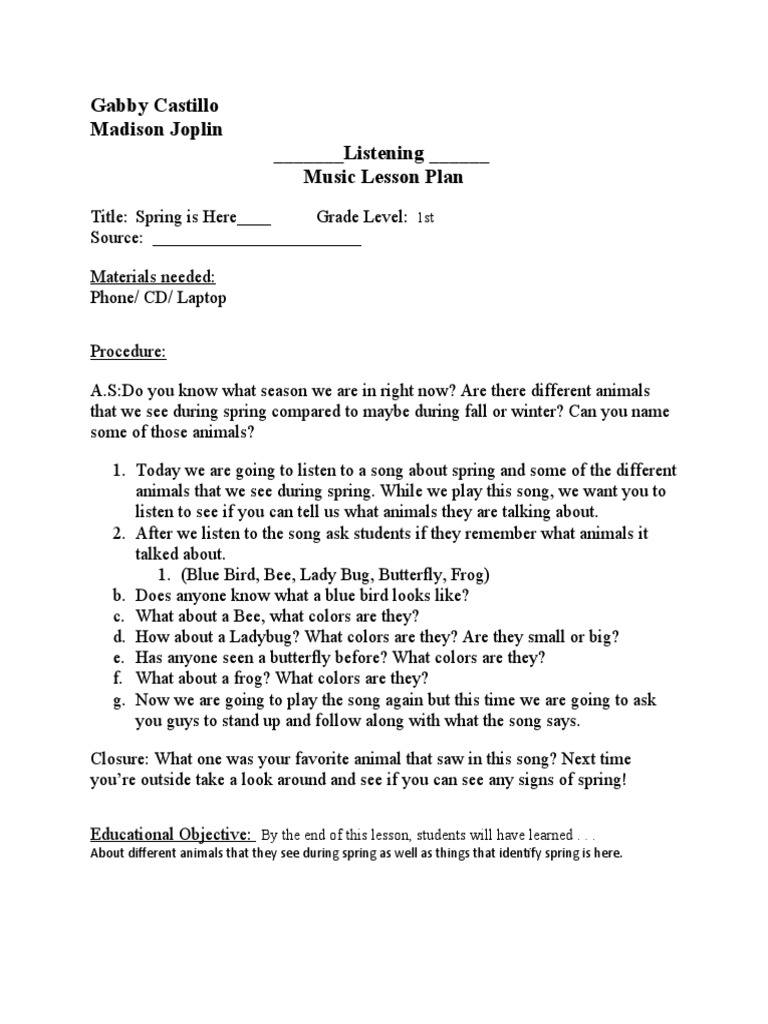 Spring Animals Music Lesson Plan | PDF