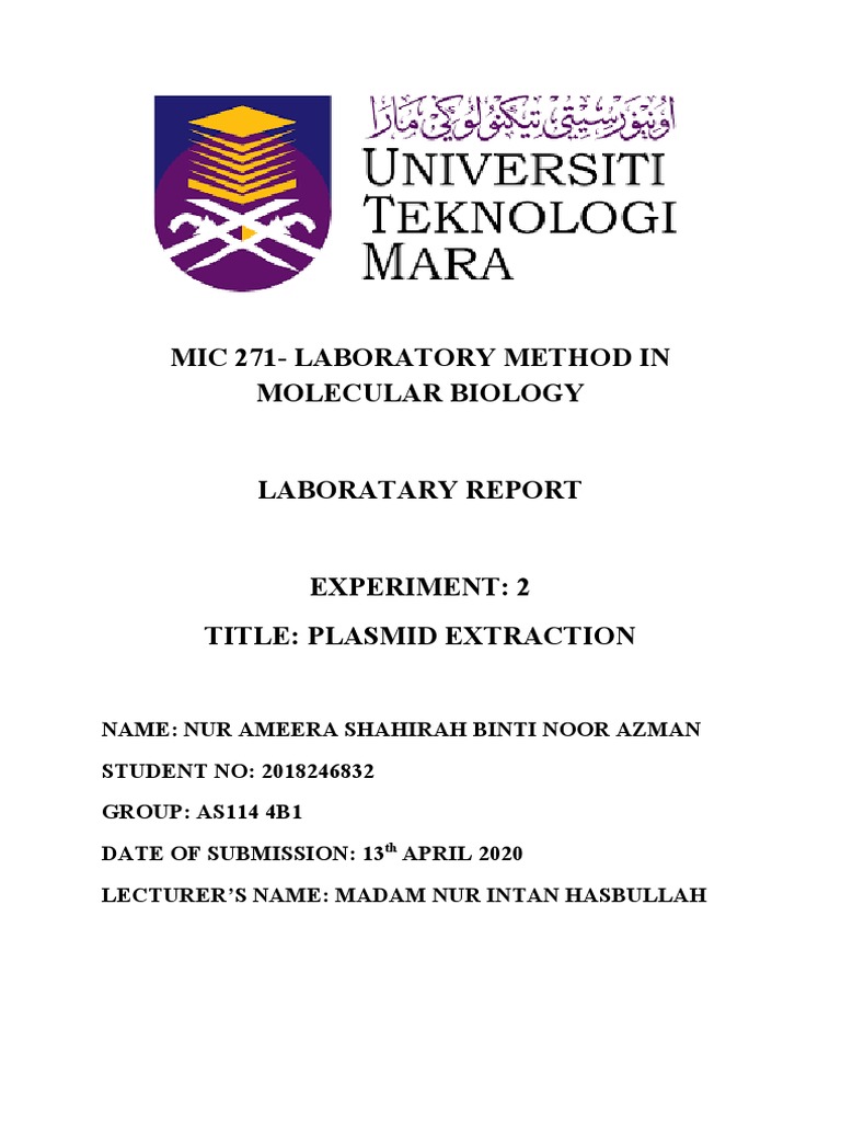 Lab Report Exp 2 Plasmid Extraction | PDF | Plasmid | Gel Electrophoresis