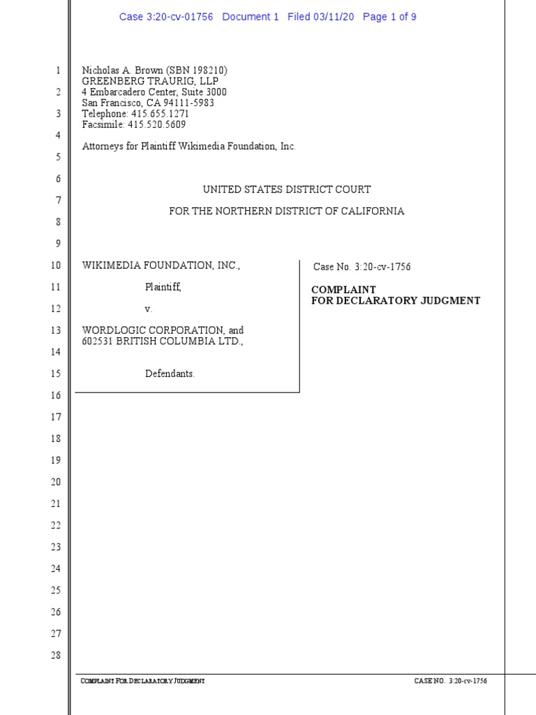 2020-03-11 Wikimedia Foundation v. WordLogic | PDF | Declaratory Judgment | Doctrine Of Equivalents