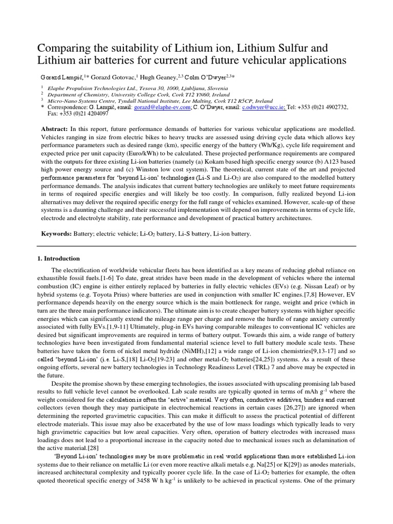 Comparing The Suitability of Lithium Ion Lithium S | PDF | Electric ...