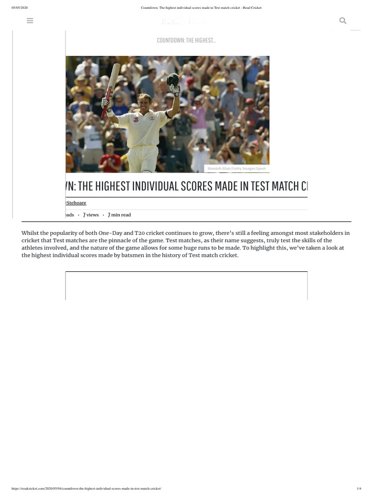 Countdown - The Highest Individual Scores Made in Test Match Cricket ...