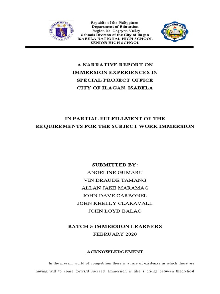 A Narrative Report On Immersion Experiences in Special Project Office ...