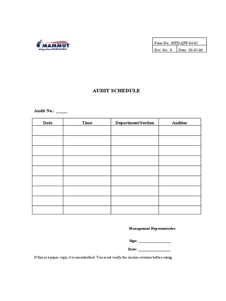 Audit Schedule: Audit No.: - Date Time Department/Section Auditor | PDF ...