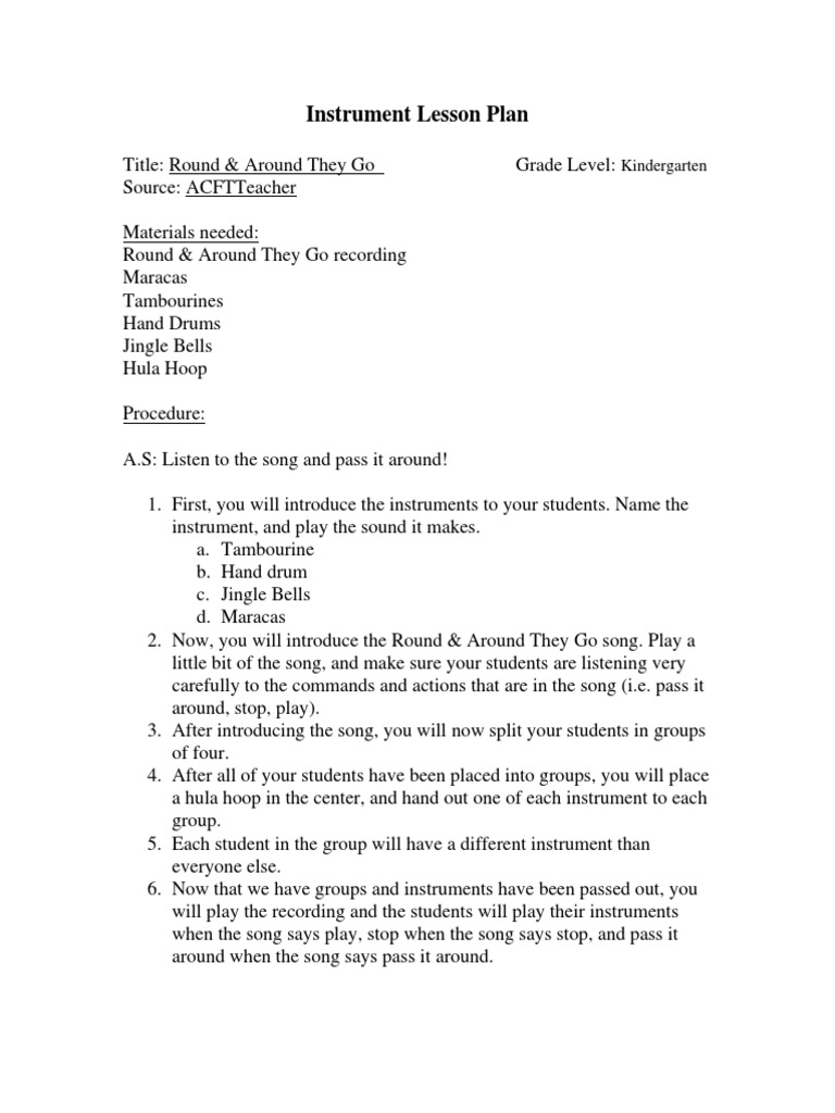 Instrument Lesson Plan: Kindergarten | PDF | Applied Psychology ...
