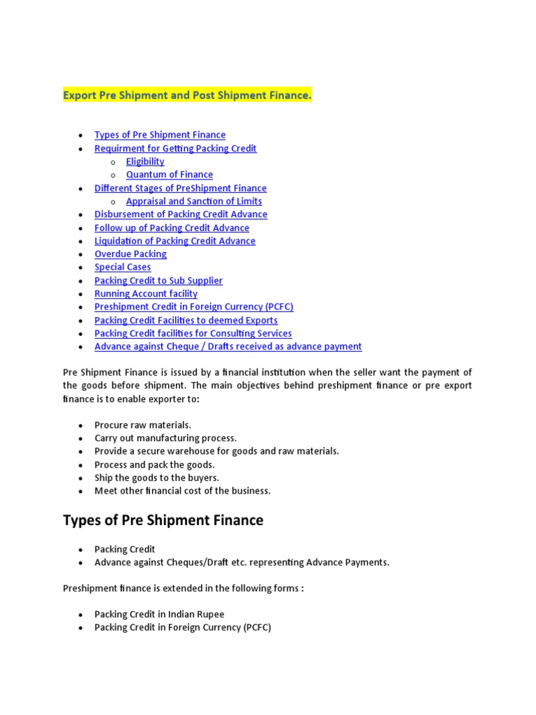 Export Pre Shipment and Post Shipment Finance | PDF | Banks | Finance ...